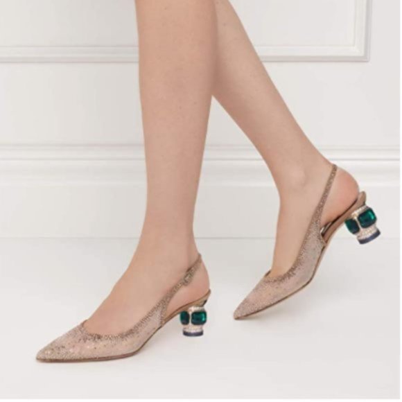 Shoes | Nuyg Nude Pointed Toe Slingback Rhinestone Crystal Chunky Low ...